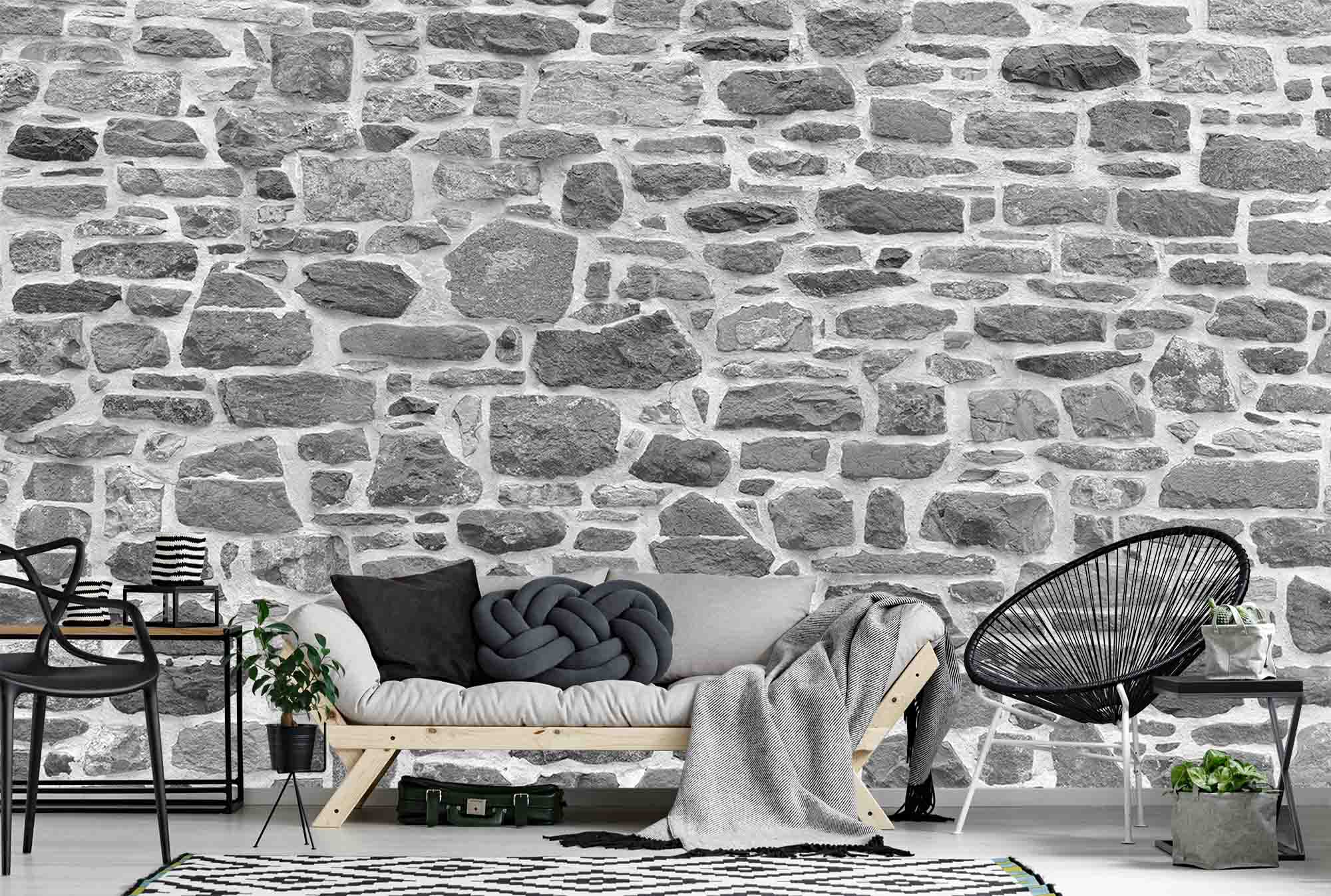 Wallpaper Mural Grey Stone Wall with White Mortar | Muralunique