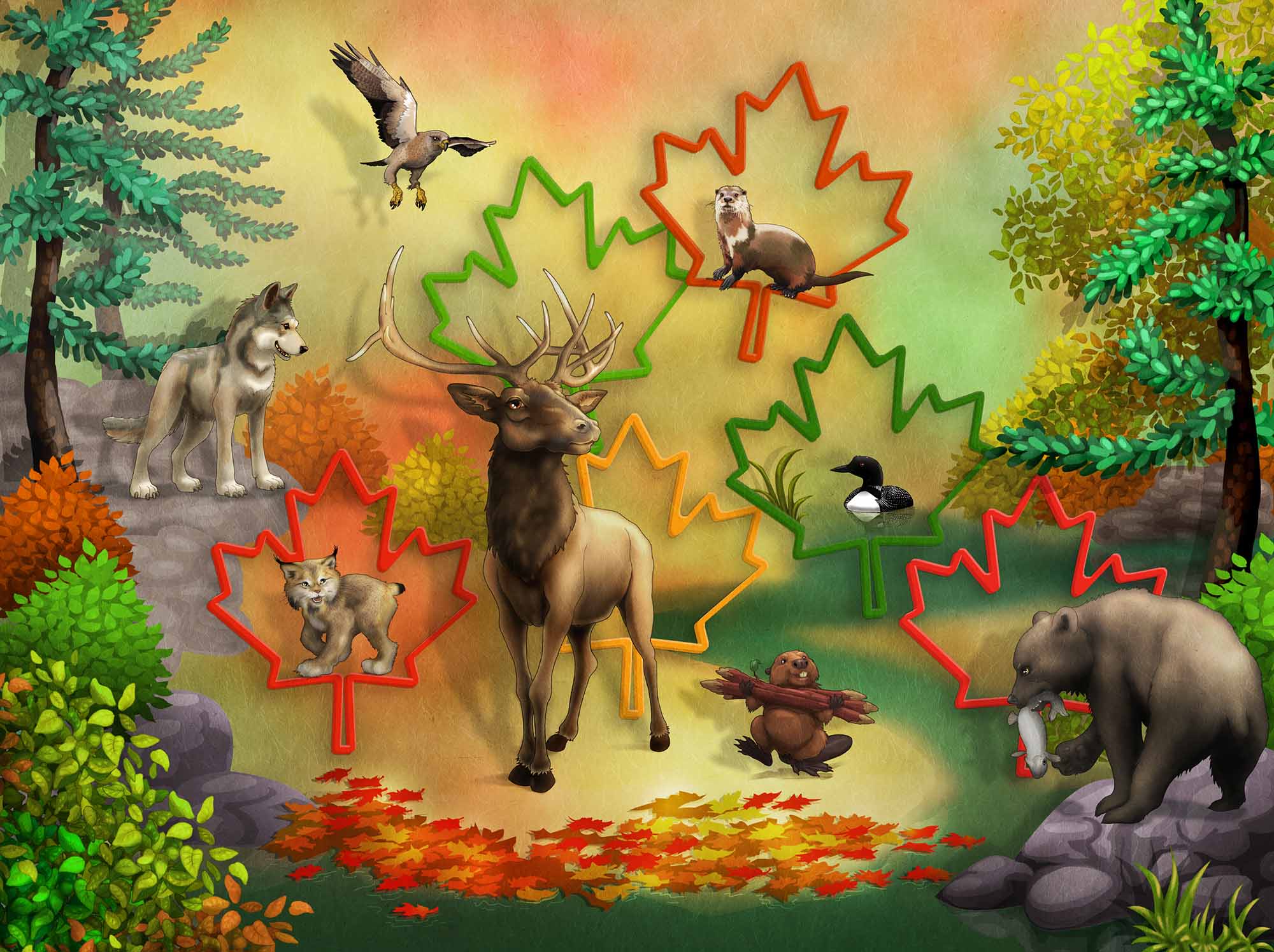 Wallpaper Mural Canadian Wildlife on Maple Leaf Backgound | Muralunique